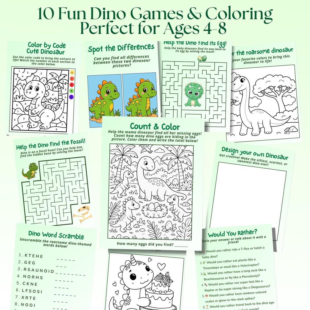 Dinosaur Coloring & Activity Book for Kids,printable Dino Games,digital ...