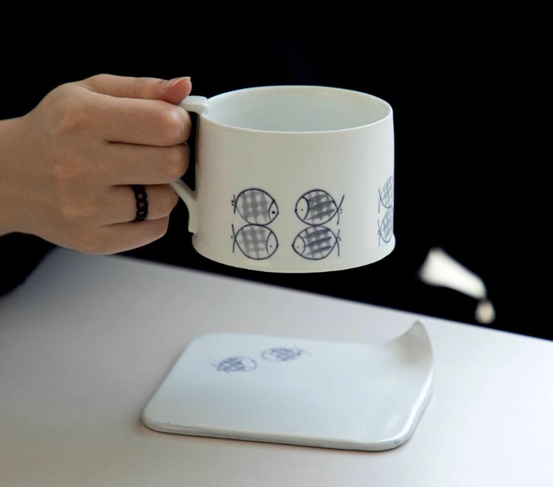 Hand Painted Porcelain Mug With Saucer, Nature Inspired Botanical/fish ...