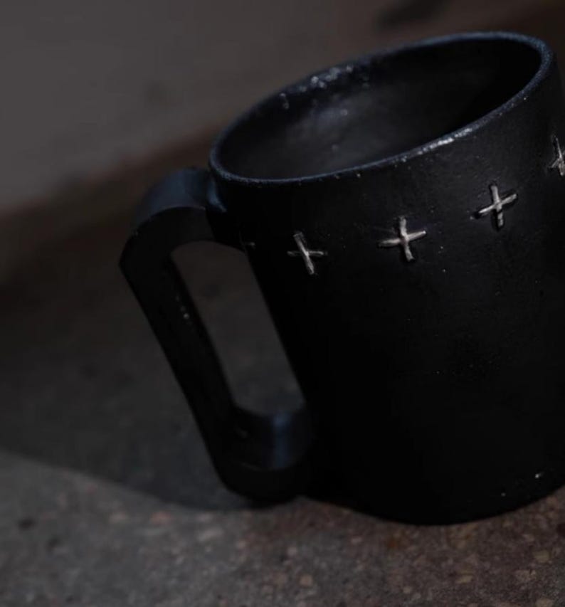 Black Wabi Sabi Mug With Stitched Detail, Handmade Brutalist Ceramic ...