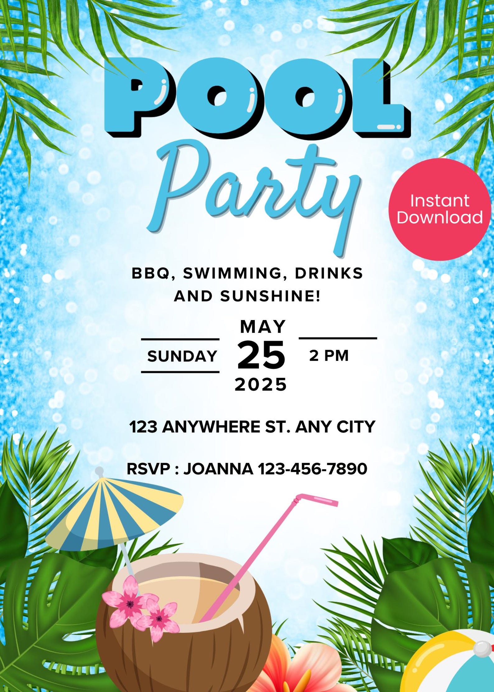 Pool Party Invitation | Summer BBQ & Birthday Canva Template | Editable ...