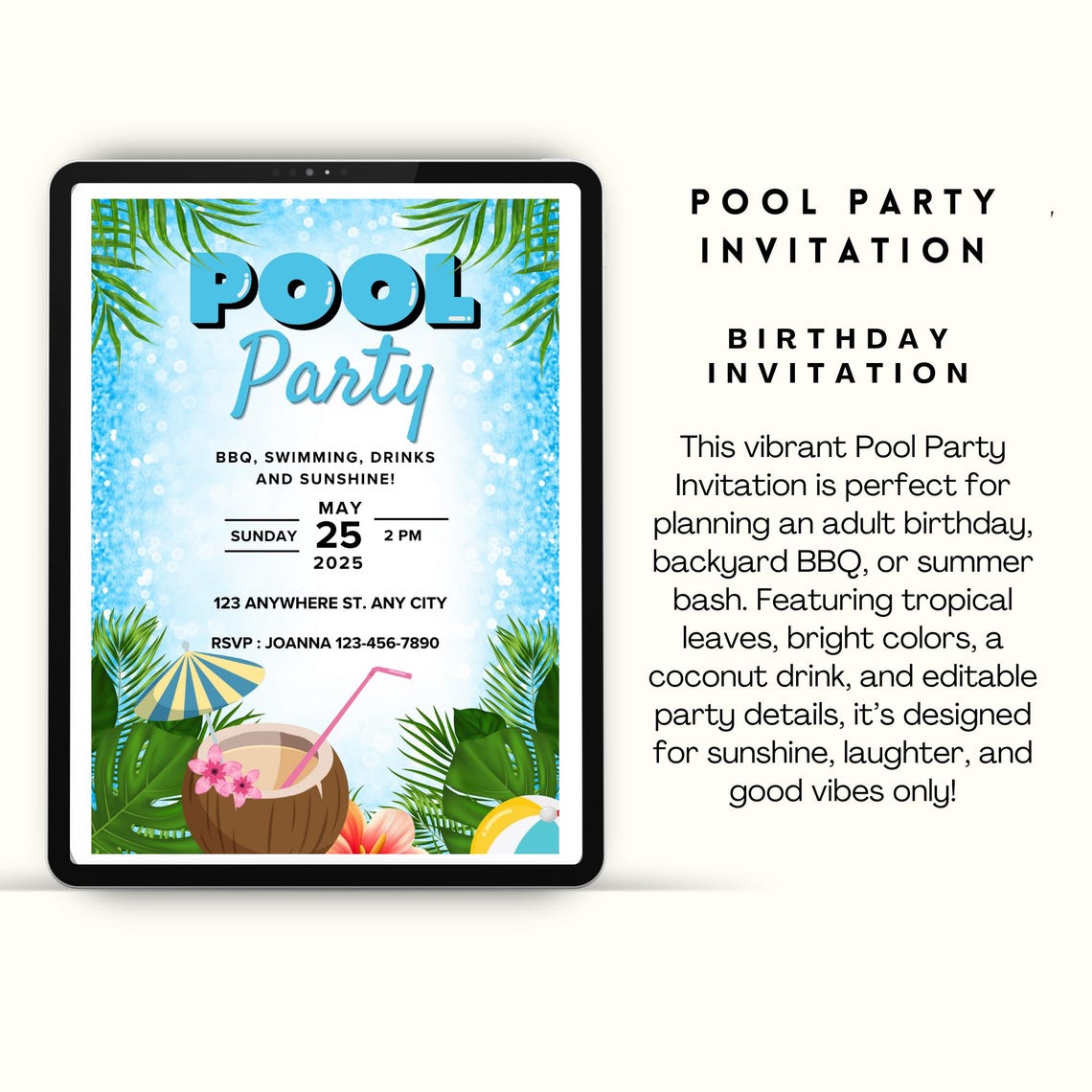 Pool Party Invitation | Summer BBQ & Birthday Canva Template | Editable ...