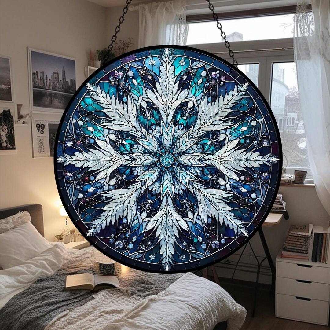 Ice-crystal Snowflakes Stained Glass Suncatcher, Winter Theme Window ...