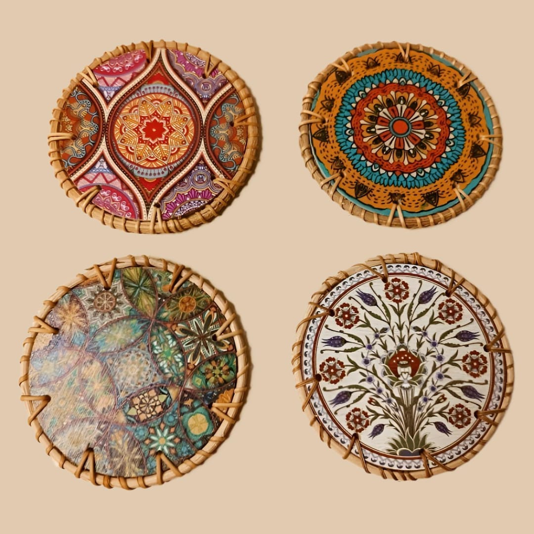 Handwoven Rattan Coasters Set - Vietnamese Ethnic Pattern Drink ...
