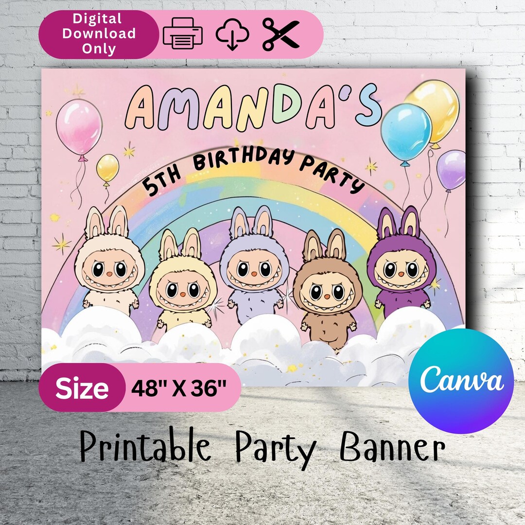 Editable Labubu Party Banner: Printable Birthday Backdrop (canva ...
