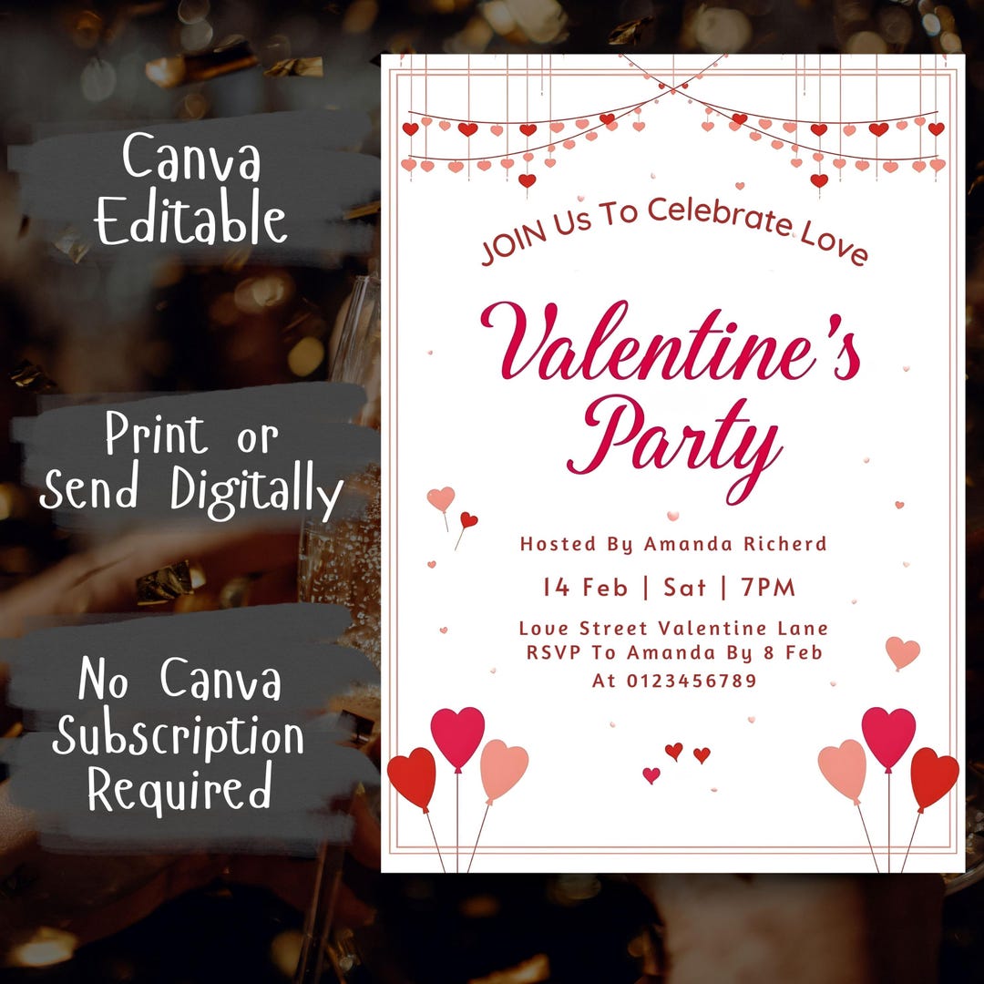 Editable Valentine’s Day Party Invitation, Cute Heart & Balloon Invite ...