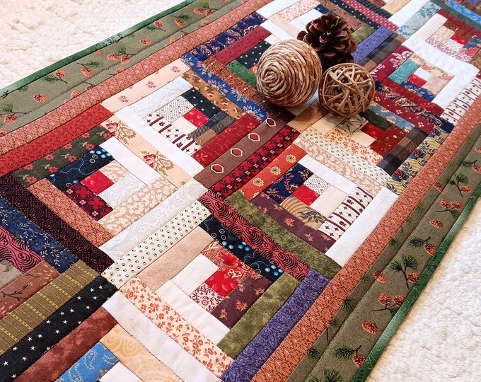 Quilted Table Runner 39 5 X 14.75 Log Cabin Winter Scrappy Primitive ...