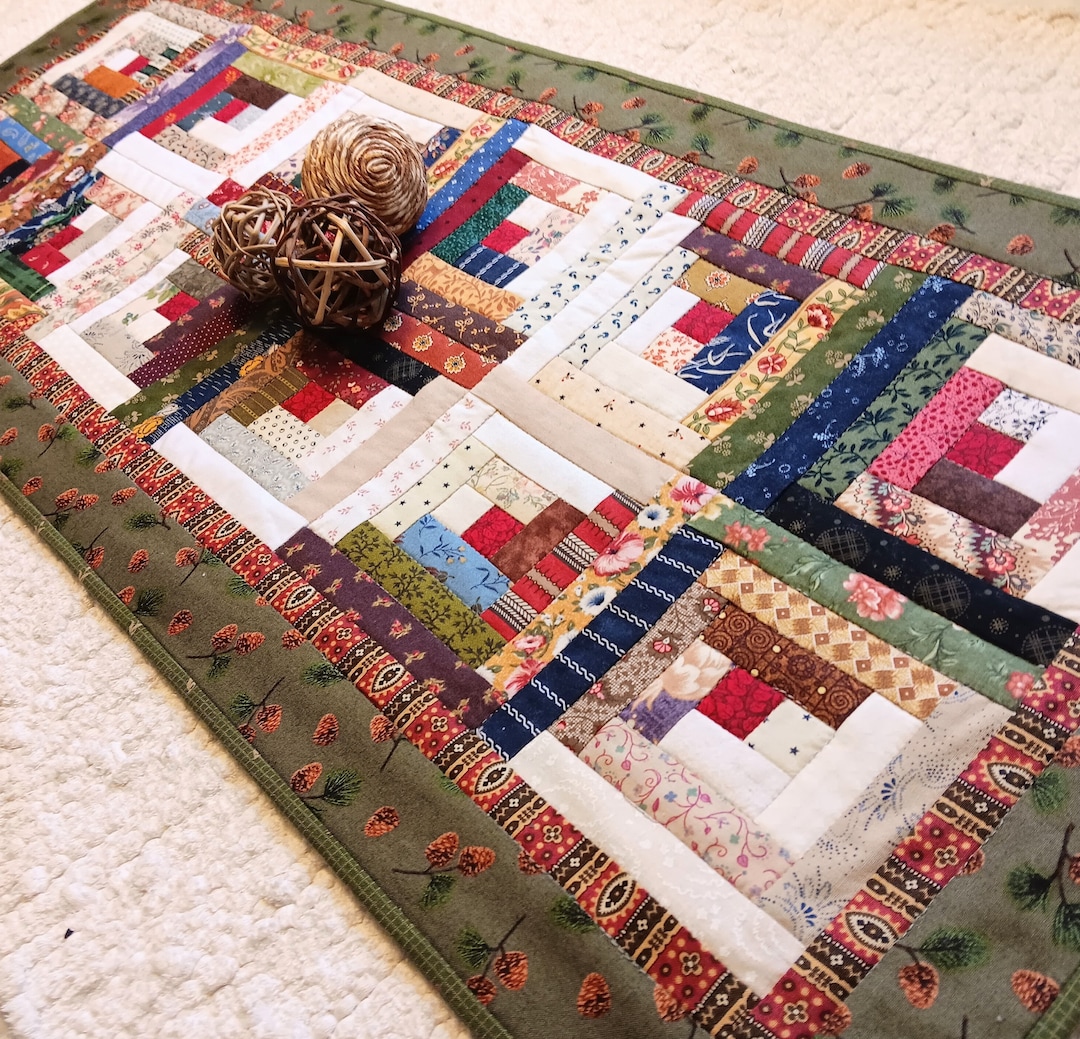 Quilted Log Cabin Table Runner 35 X 14.75 Topper Handmade Primitive ...