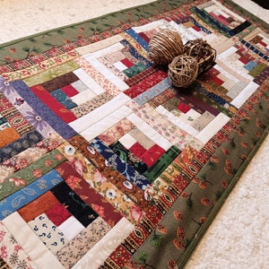 Quilted Log Cabin Table Runner 35 X 14.75 Topper Handmade Primitive ...