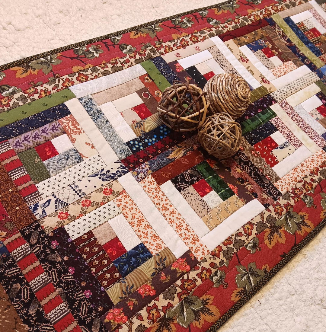 Quilted Table Runner Topper Log Cabin Scrappy Handmade Primitive Rustic ...