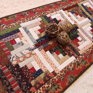 Quilted Table Runner Topper Log Cabin Scrappy Handmade Primitive Rustic ...