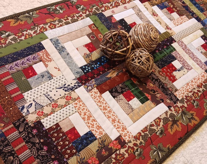 Quilted Table Runner Topper Log Cabin Scrappy Handmade Primitive Rustic ...