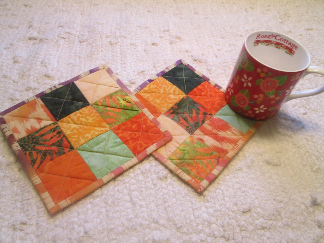 Fall Batik Quilted Fabric Mug Rugs Coasters Handmade Summer Fall Boho ...