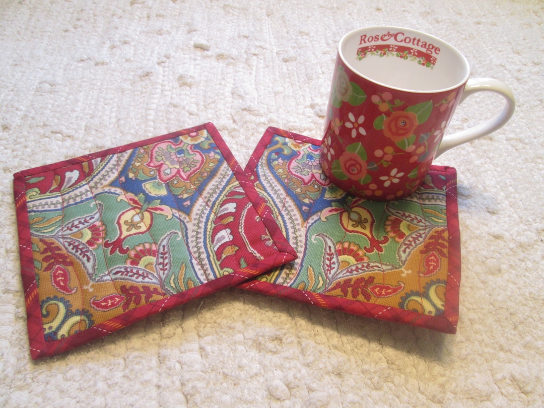 Quilted Upcycled Fabric 6" Mug Rugs Coasters Handmade Set of 2 Boho ...