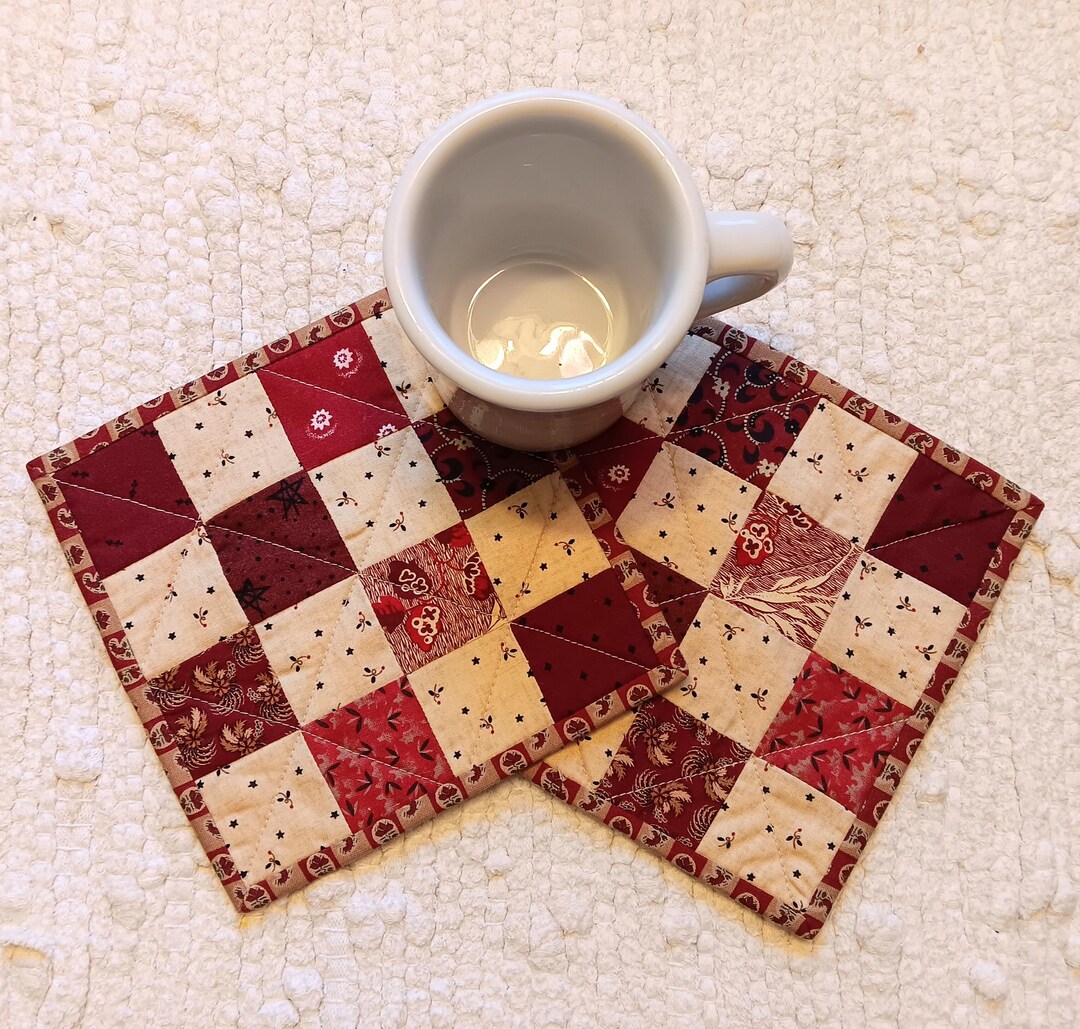 Quilted Mug Rugs Coasters Set of 2 Primitive Handmade Scrappy Fall ...