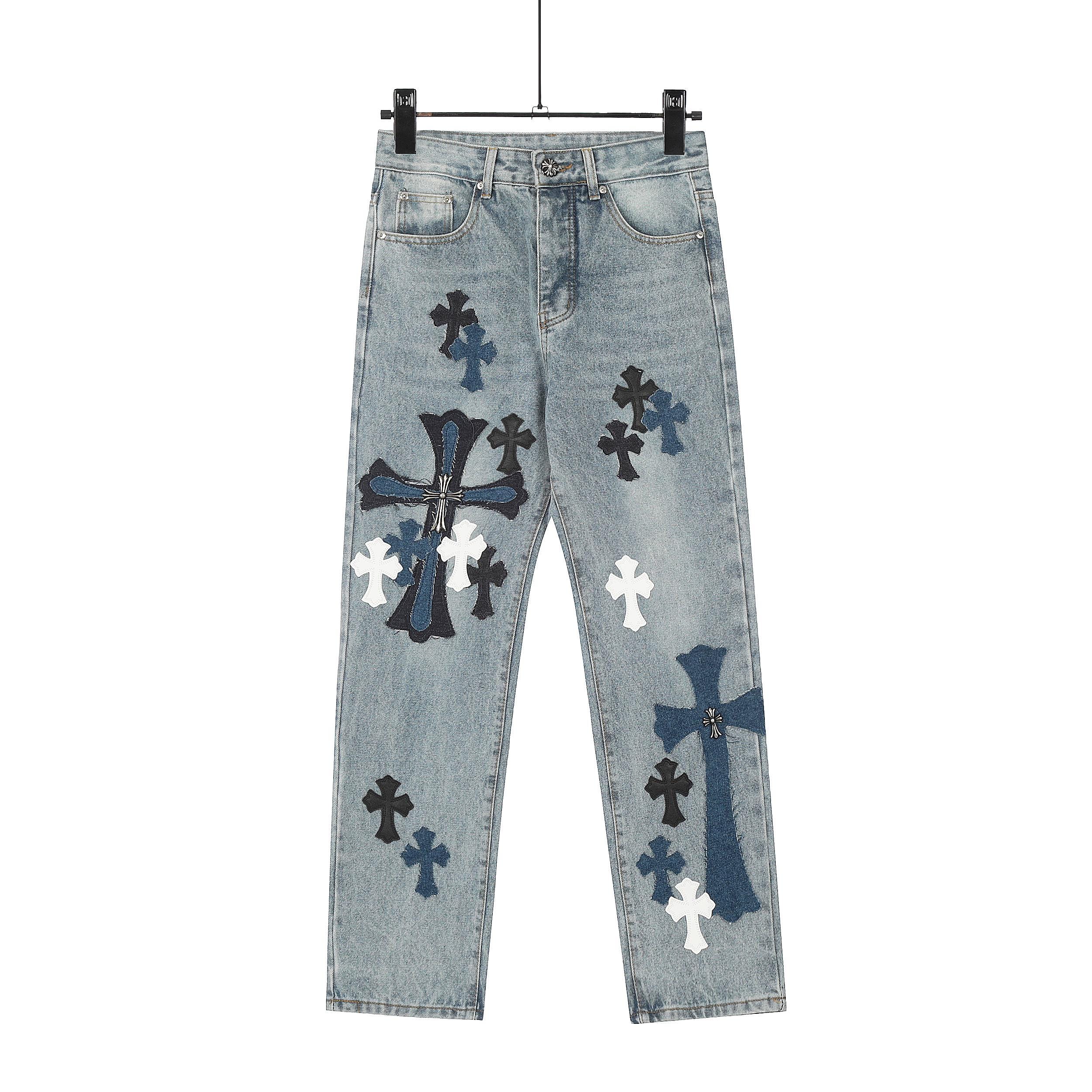 Clustered Gothic Cross Patch Artisan Vintage-wash Denim Jeans – Hand ...
