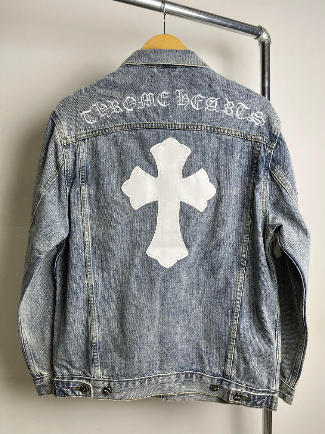 Gothic Denim Jacket With White Leather Cross Patch – Washed Jean Jacket ...