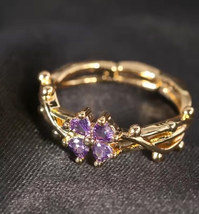 Purple Four-leaf Flower Ring – Romantic Adjustable Gold Zircon Ring, Dainty Floral Jewelry for ...
