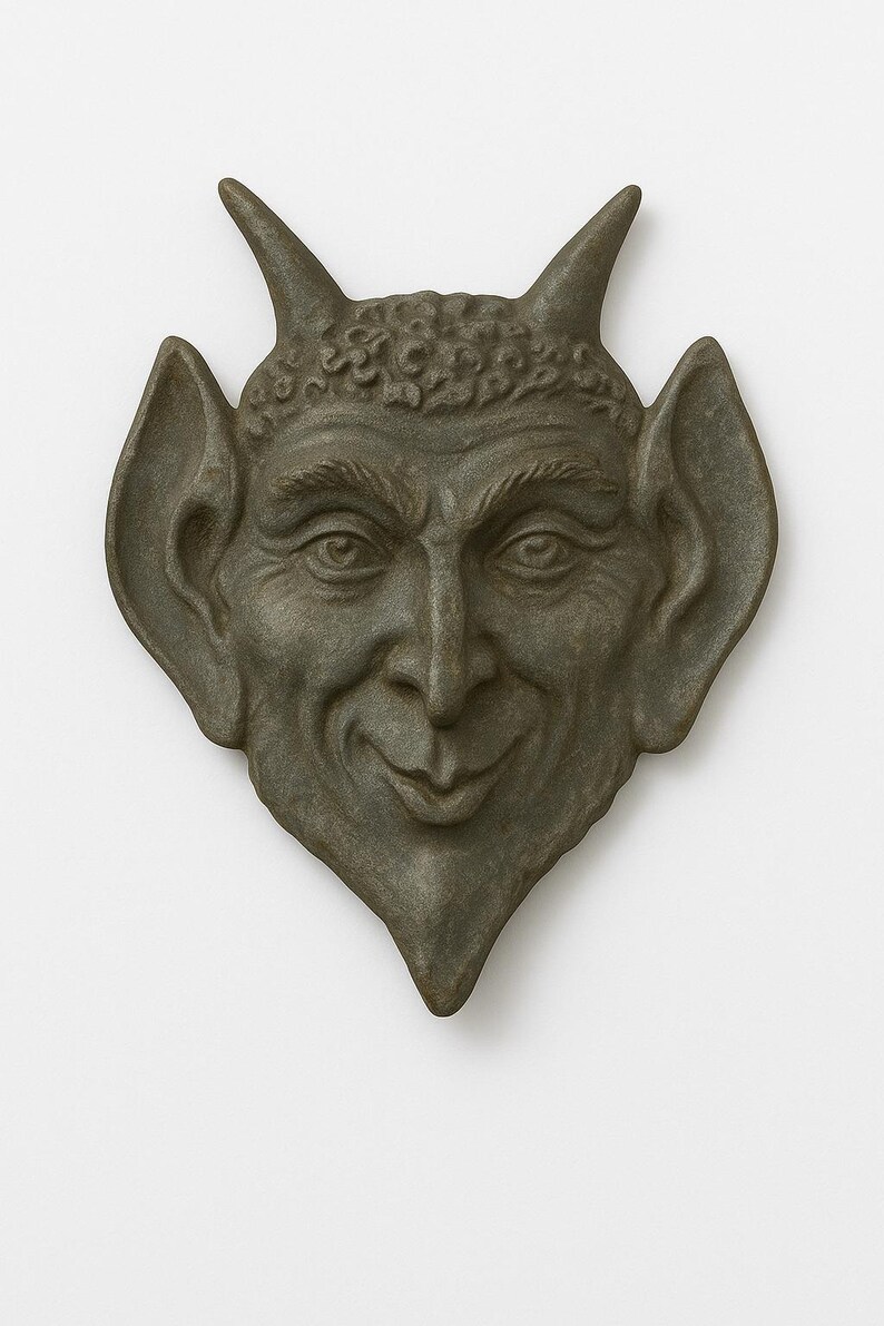 Antique Devil Face Plaque – Cast Iron Wall Decor – Gothic Horned Satyr Mask – Occult Vintage ...