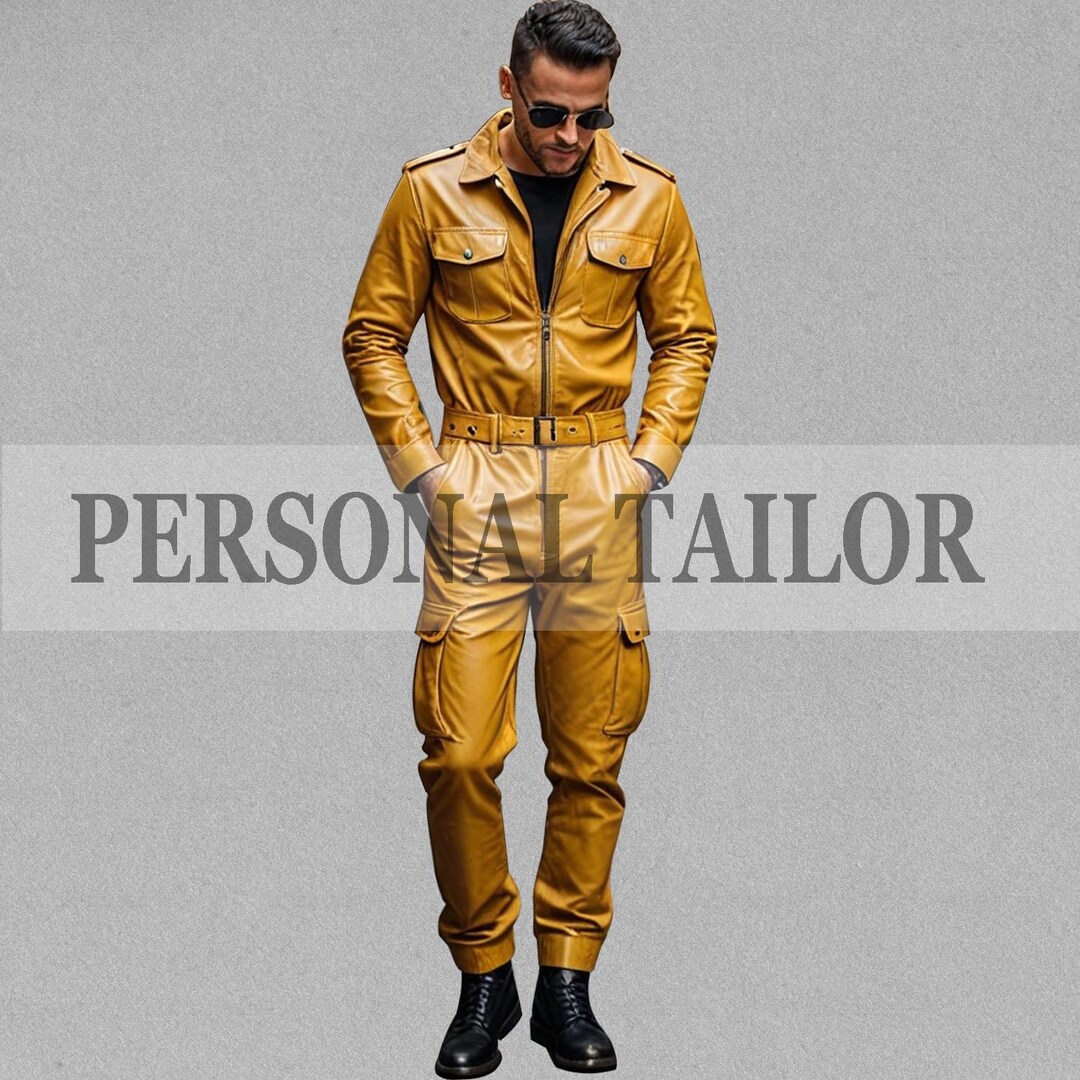 Men's Genuine Soft Lambskin Leather Mustard Catsuit Jumpsuit Cargo ...