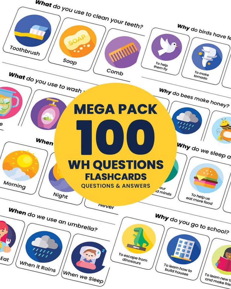 100 Wh Questions Flash Cards for Kids | What, When, Why, Who, Where ...