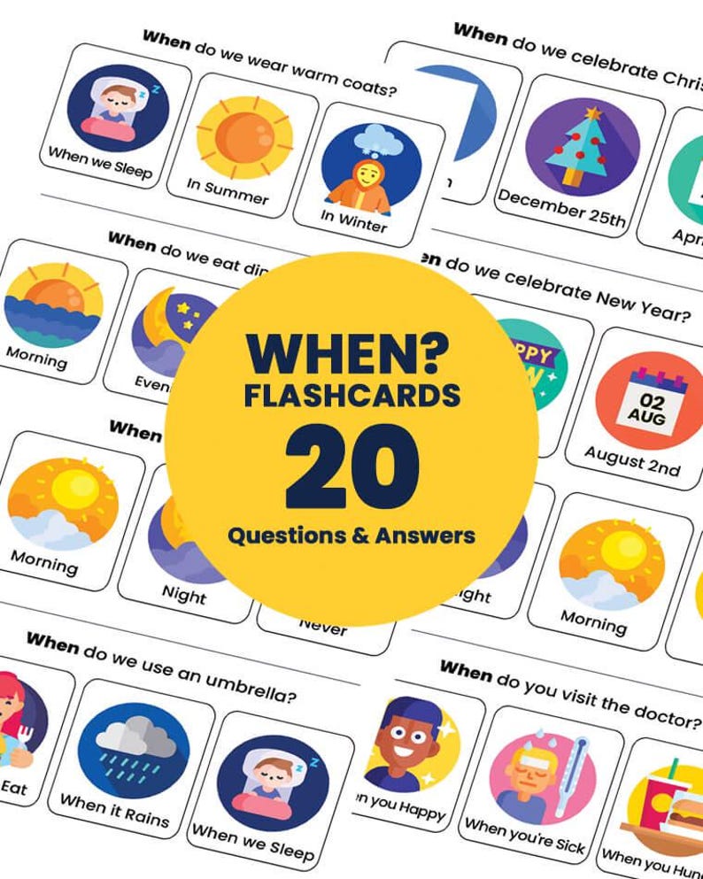 When Questions Flash Cards for Kids | WH Questions Speech Therapy ...