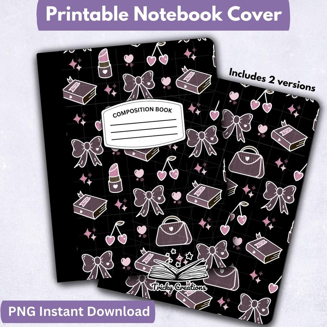 Coquette Goth Girl Printable Composition Notebook Cover Black Kawaii ...
