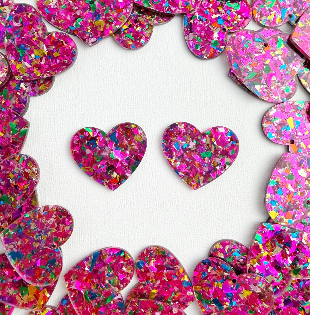 Pink Iridescent Confetti Glitter Heart Charms, Acrylic Hearts for ...