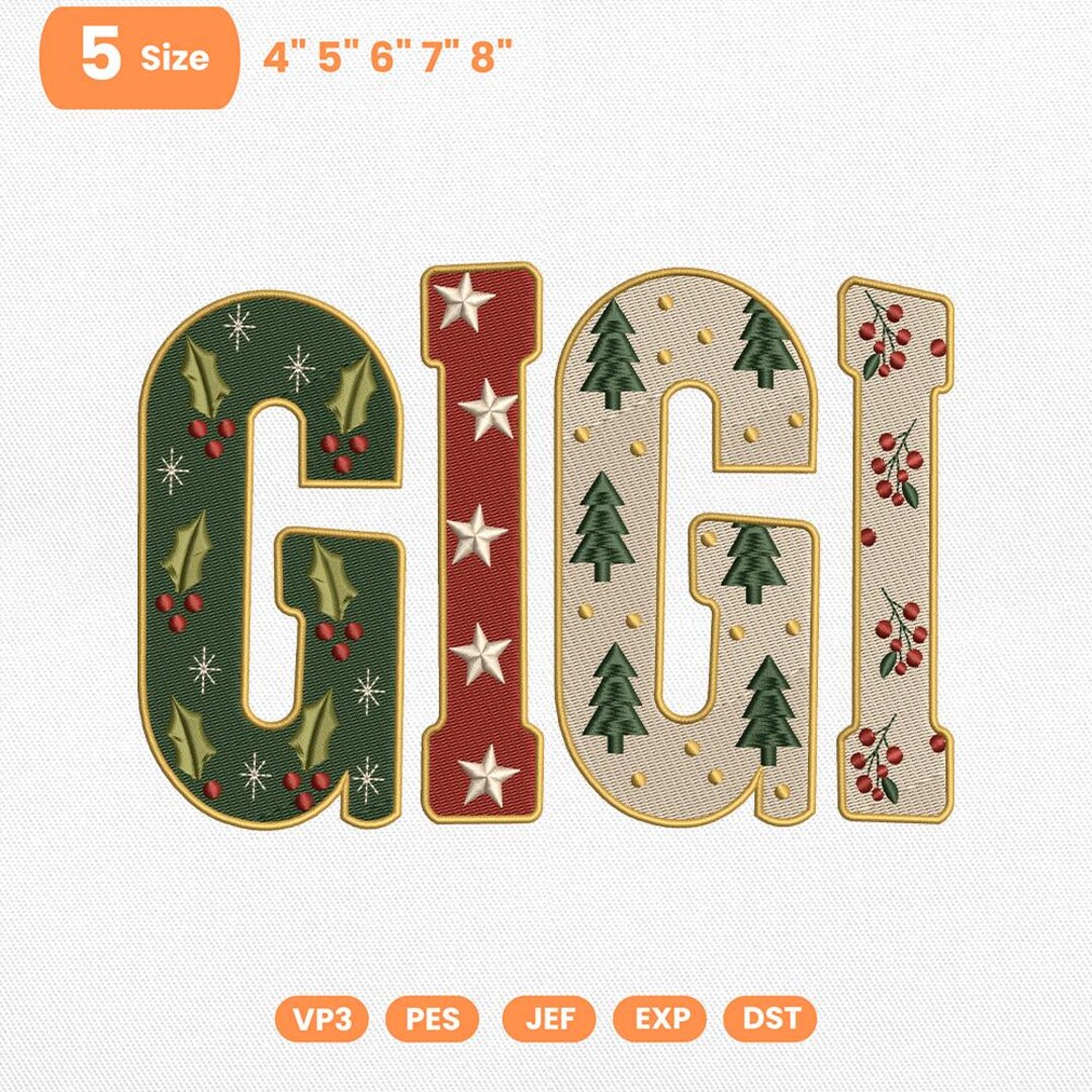Christmas GIGI Letter Embroidery With Festive Trees, Stars and Holly ...