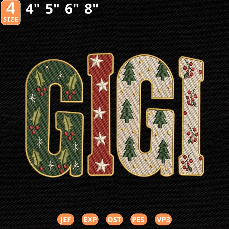 Christmas GIGI Letter Embroidery With Festive Trees, Stars and Holly ...