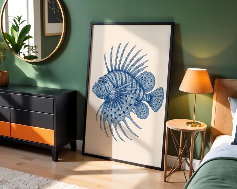 Lionfish Illustration Print – Vintage Marine Poster – Blue Ink Ocean ...