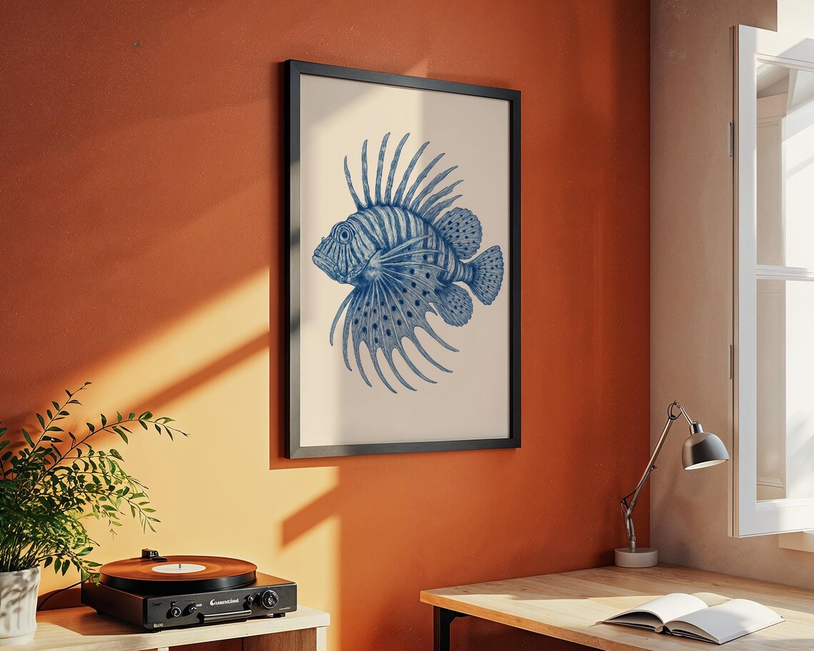 Lionfish Illustration Print – Vintage Marine Poster – Blue Ink Ocean ...