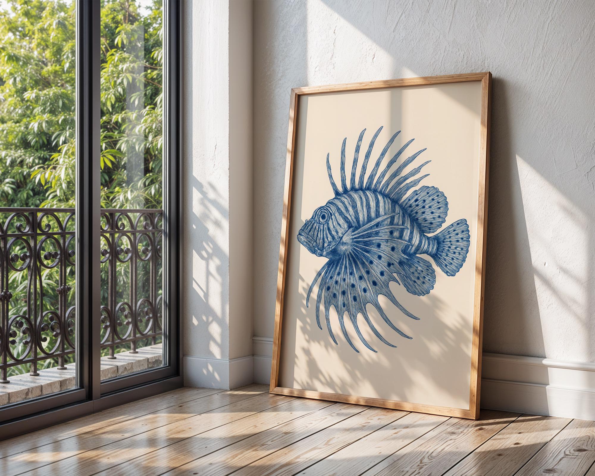 Lionfish Illustration Print – Vintage Marine Poster – Blue Ink Ocean ...