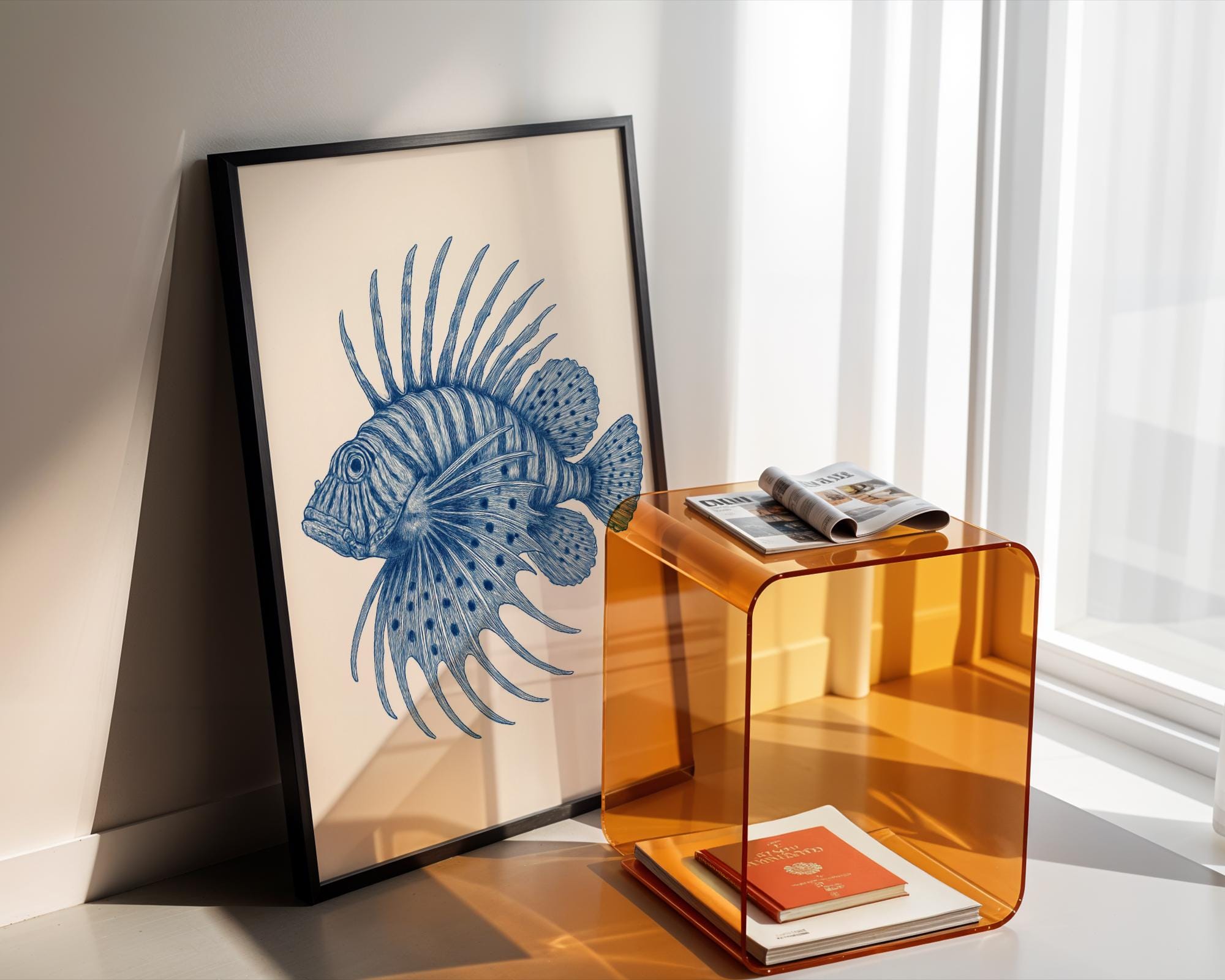 Lionfish Illustration Print – Vintage Marine Poster – Blue Ink Ocean ...