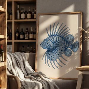 Lionfish Illustration Print – Vintage Marine Poster – Blue Ink Ocean ...