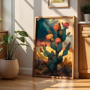 Cactus Sunset Desert Poster – Vibrant Floral Western Wall Art – Boho ...