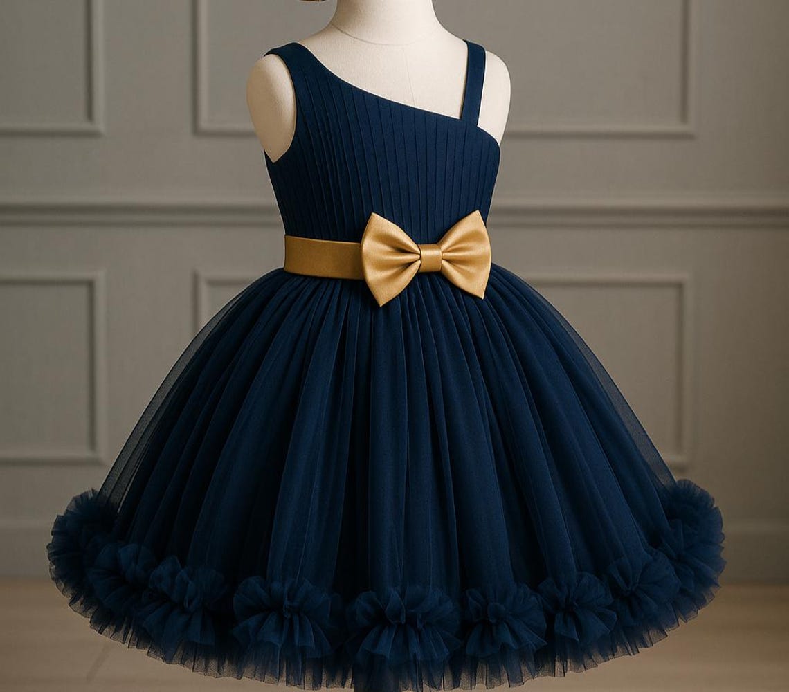 Navy Blue Baby Girls Party Dress With Gold Bow | One Shoulder Tulle ...
