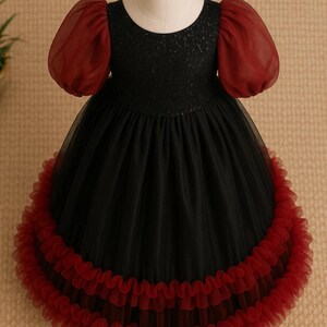 Luxury Red & Black Princess Frock for Girls | Puff Sleeves Birthday ...