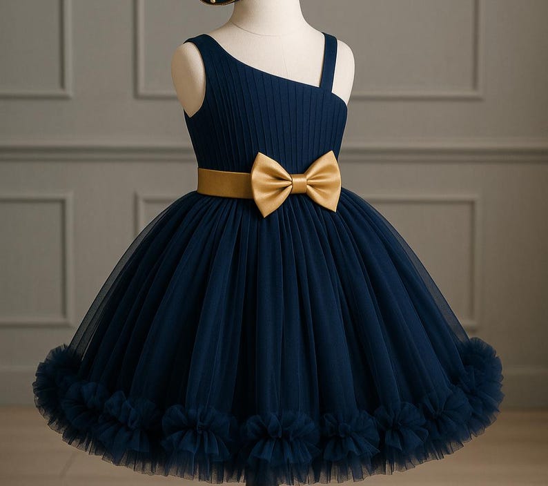 Navy Blue Baby Girls Party Dress With Gold Bow | One Shoulder Tulle ...