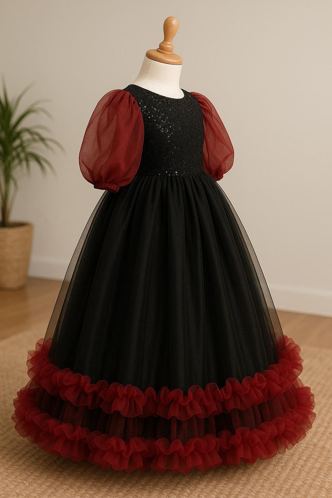 Luxury Red & Black Princess Frock for Girls | Puff Sleeves Birthday ...