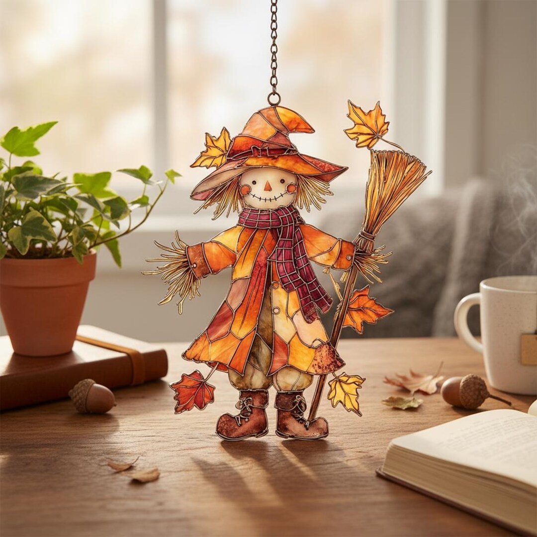 Autumn Scarecrow Resin Suncatcher, Cute Fall Window Ornament, Rustic ...