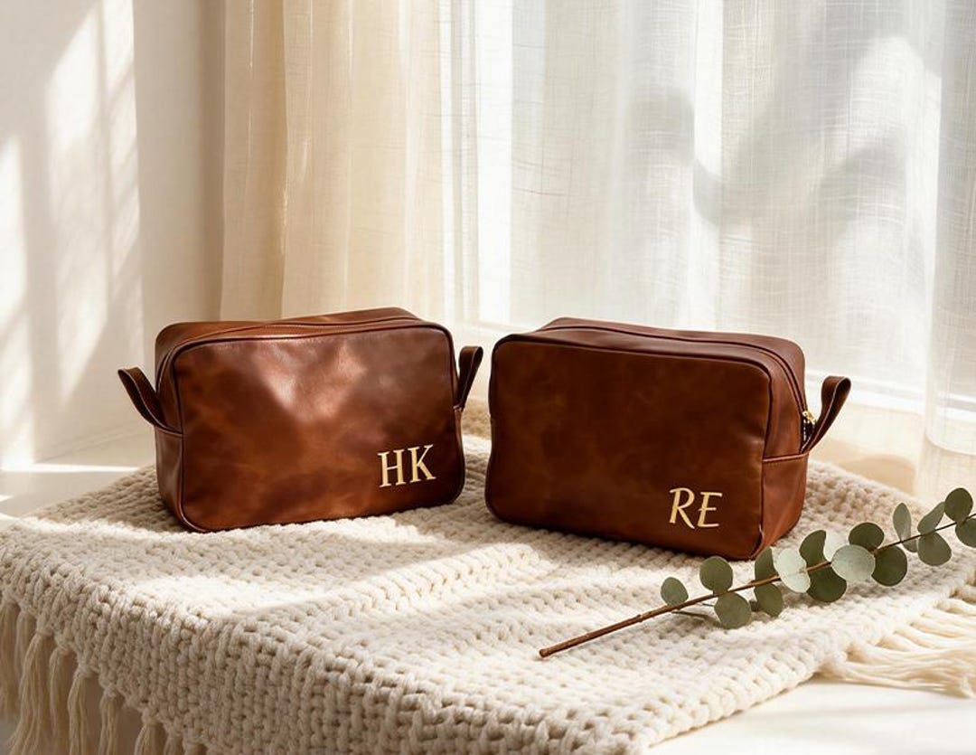 Custom Groomsmen Gift Set, Brown Leather Groomsman Dopp Kit, Travel ...
