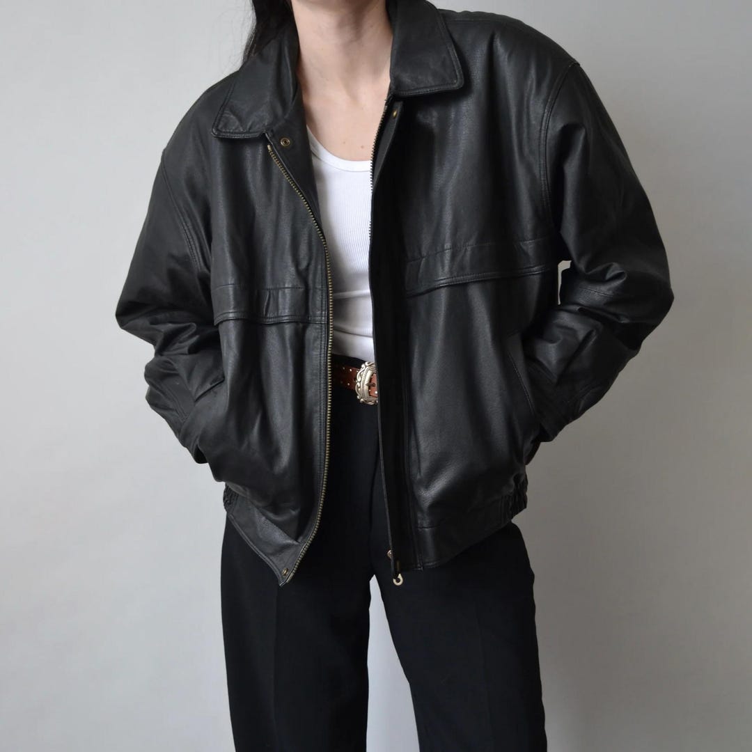 Vintage 90s Leather Bomber Jacket: Oversized Genuine Leather Outerwear ...