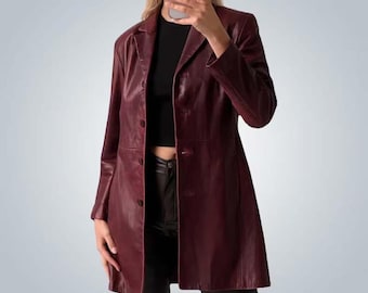 1990's Vintage Women Burgundy Leather Trench Coat Ladies Classic Maroon Leather Long Coat, Real ...