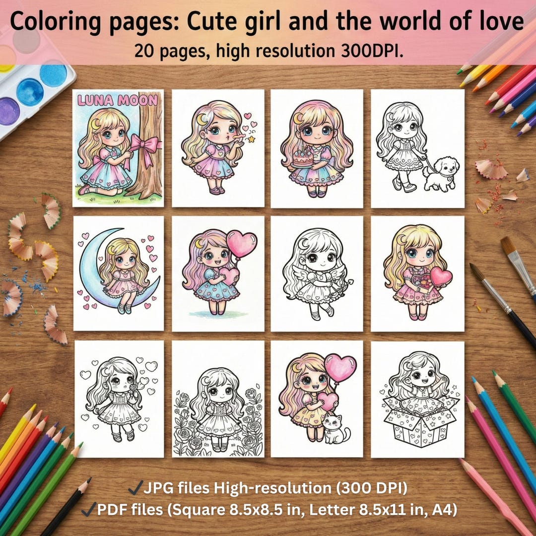 Kawaii Girls Coloring Book, Valentine's Day Activity (20 Pages PDF/JPG ...