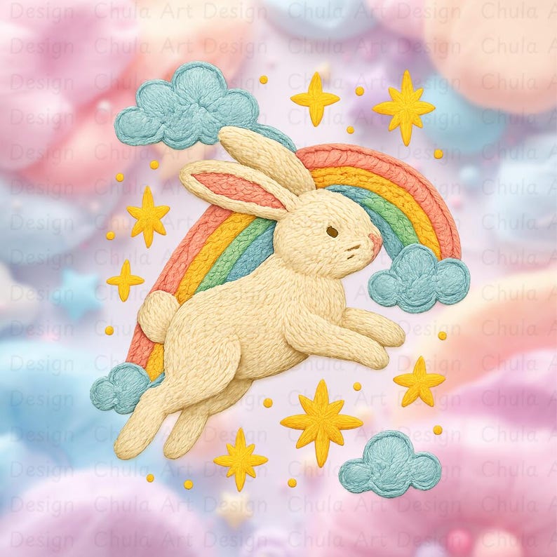 Embroidered Bunny Clipart, Rainbow, Cloud, Nursery PNG (digital ...