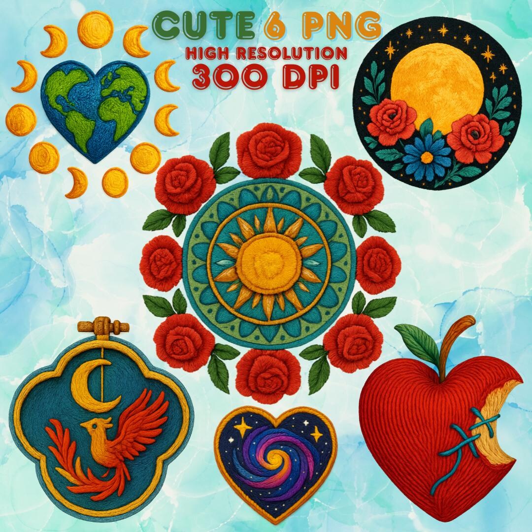 Mystical Folk Art Clipart Set: Sun, Moon, Heart (PNG, Commercial Use ...