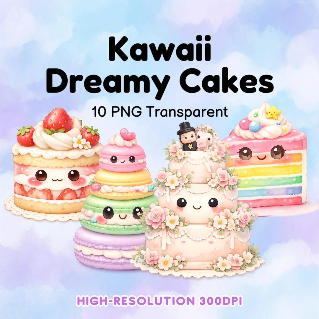 Kawaii Dreamy Cakes Clipart: Watercolor Birthday Dessert PNG (digital ...