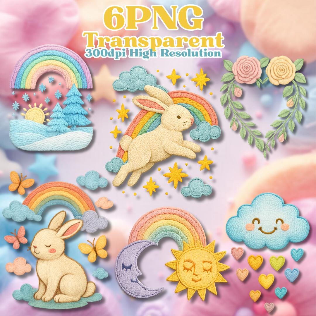 Embroidered Bunny Clipart, Rainbow, Cloud, Nursery PNG (digital ...