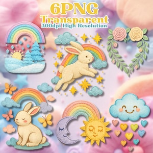 Embroidered Bunny Clipart, Rainbow, Cloud, Nursery PNG (digital ...