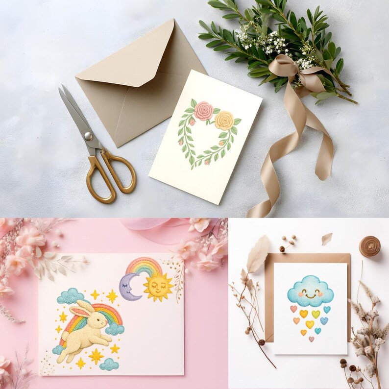 Embroidered Bunny Clipart, Rainbow, Cloud, Nursery PNG (digital ...